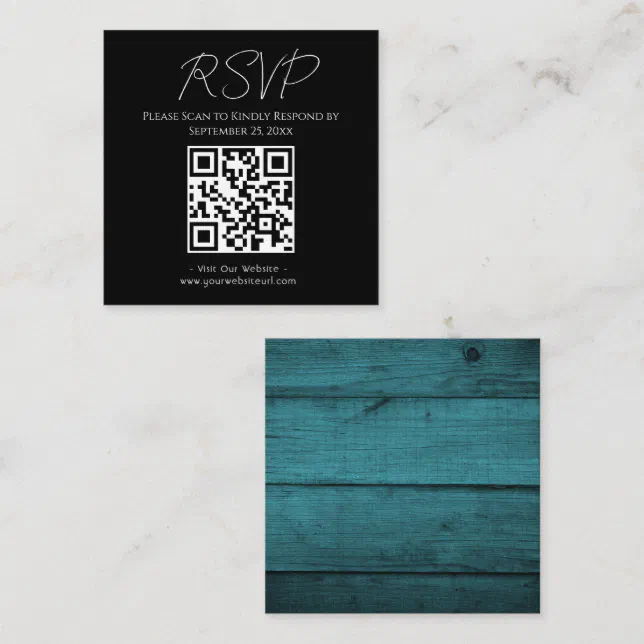 RSVP Website Rustic Blue Wood Wedding Square Business Card | Zazzle