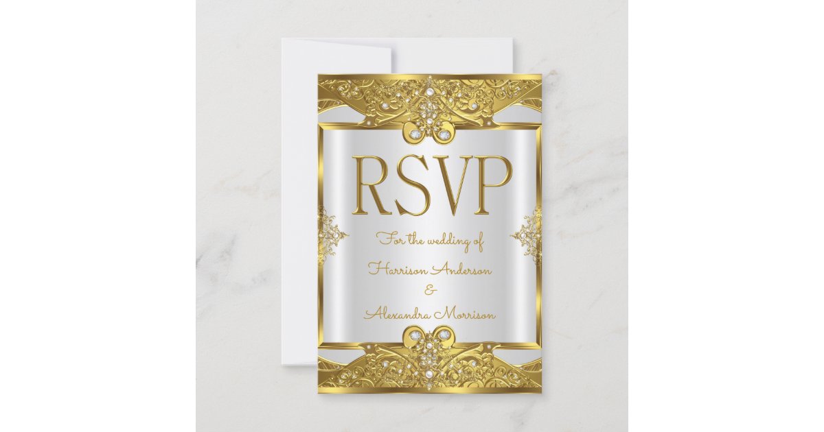 RSVP Wedding Gold White Pearls Golden Frame Invitation | Zazzle