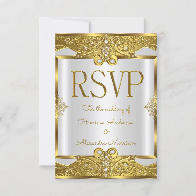 RSVP Wedding Gold White Pearls Golden Frame Invitation | Zazzle