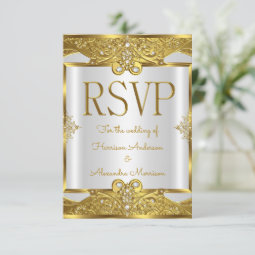 RSVP Wedding Gold White Pearls Golden Frame Invitation | Zazzle