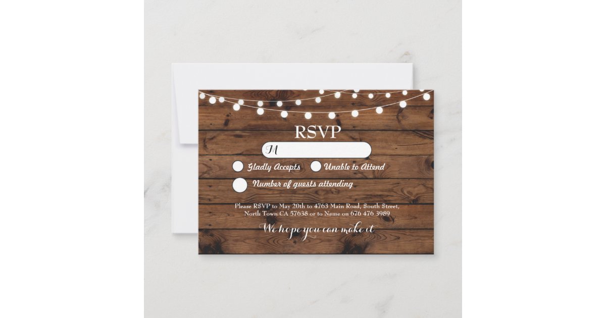 RSVP Wedding Wood Cards Rustic Lights Invites | Zazzle