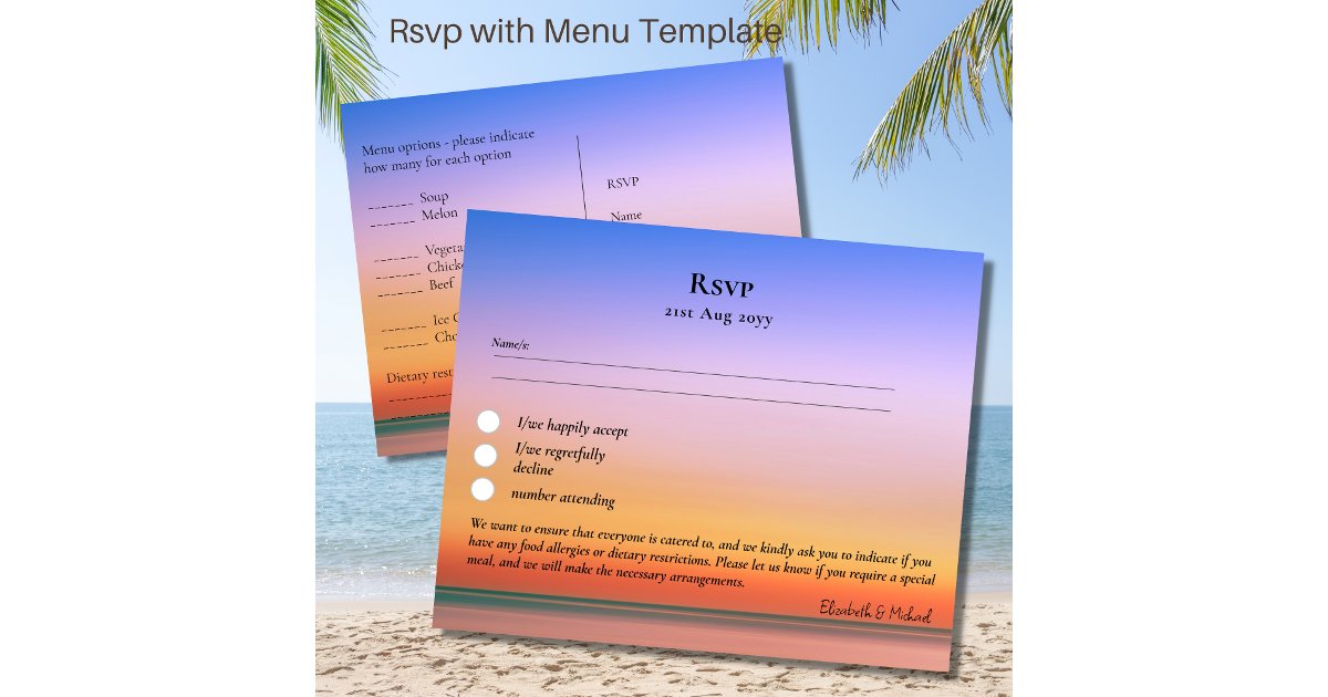 RSVP with Menu Template Beach Tropical Sunset | Zazzle