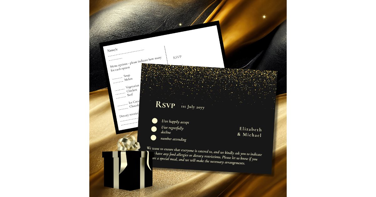 RSVP with Menu Template | Black Gold | Zazzle