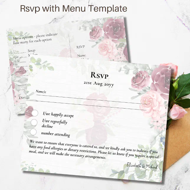 RSVP with Menu Template Burgundy Pink Roses | Zazzle