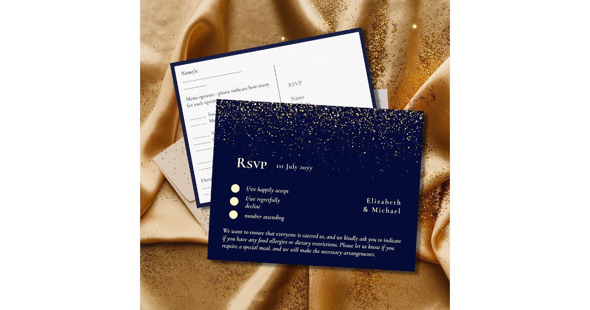 RSVP with Menu Template | Navy Blue Gold | Zazzle
