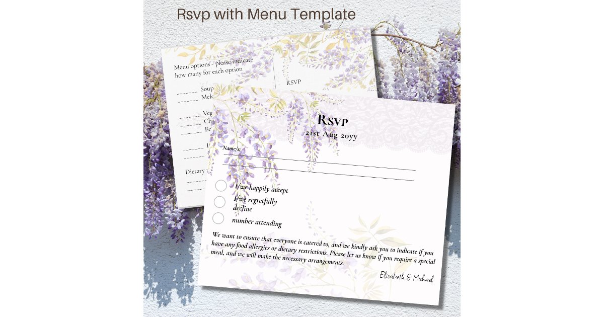 RSVP with Menu Template Purple Wisteria Floral | Zazzle