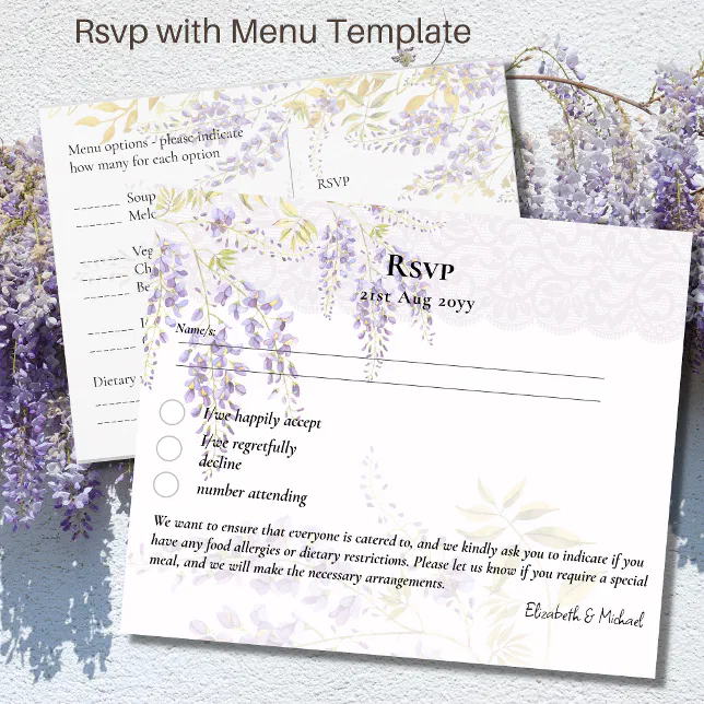 RSVP with Menu Template Purple Wisteria Floral | Zazzle