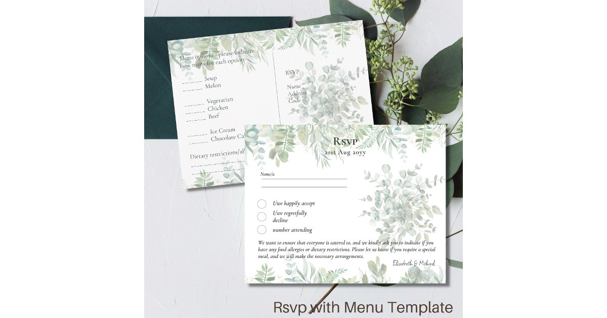 RSVP with Menu Template Rustic Greenery Leaf Boho | Zazzle