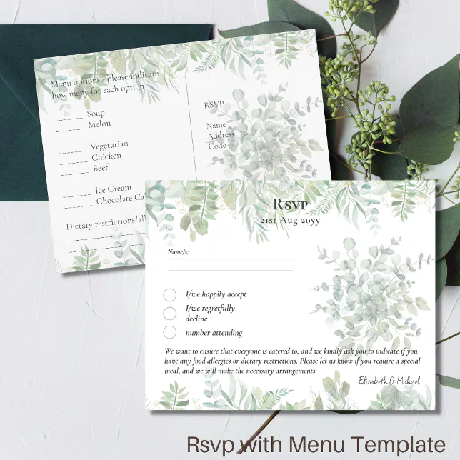 RSVP with Menu Template Rustic Greenery Leaf Boho | Zazzle