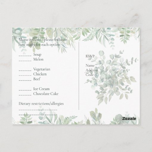RSVP with Menu Template Rustic Greenery Leaf Boho | Zazzle