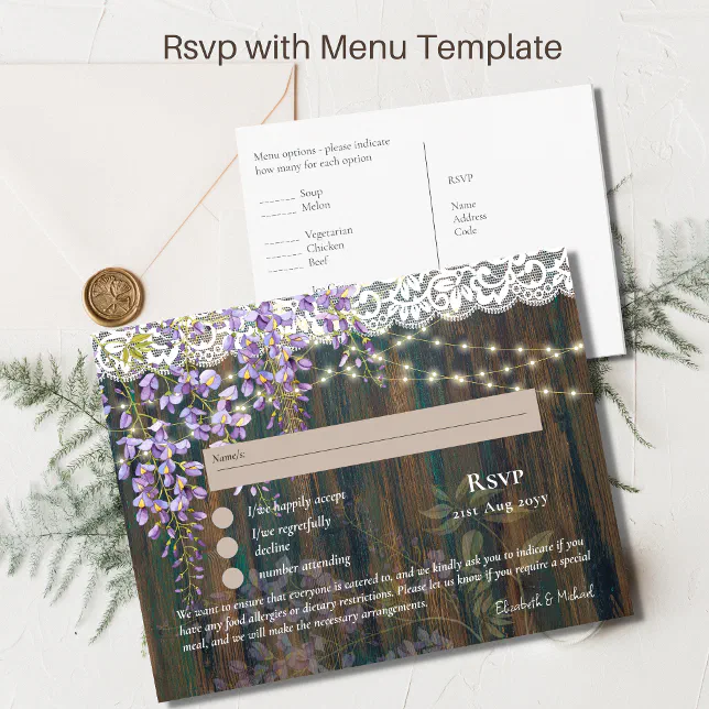 RSVP with Menu Template Rustic Wisteria Lace | Zazzle