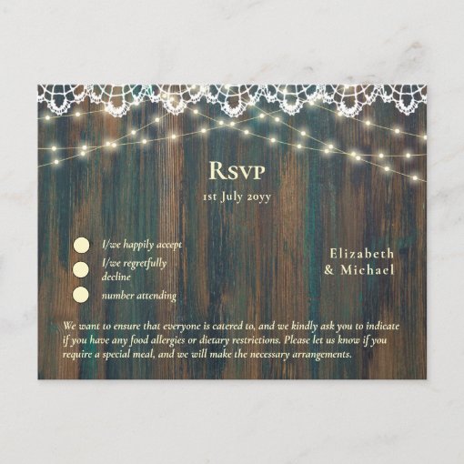 RSVP with Menu Template | Rustic Wood Gold Lights | Zazzle