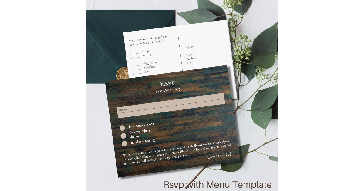 RSVP with Menu Template Rustic Wood Woodland | Zazzle