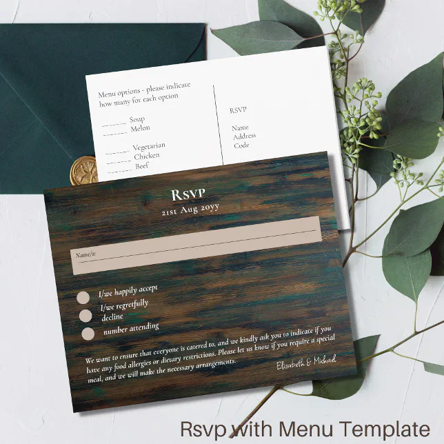 RSVP with Menu Template Rustic Wood Woodland | Zazzle