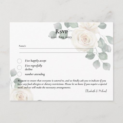 RSVP with Menu Template White Roses | Zazzle