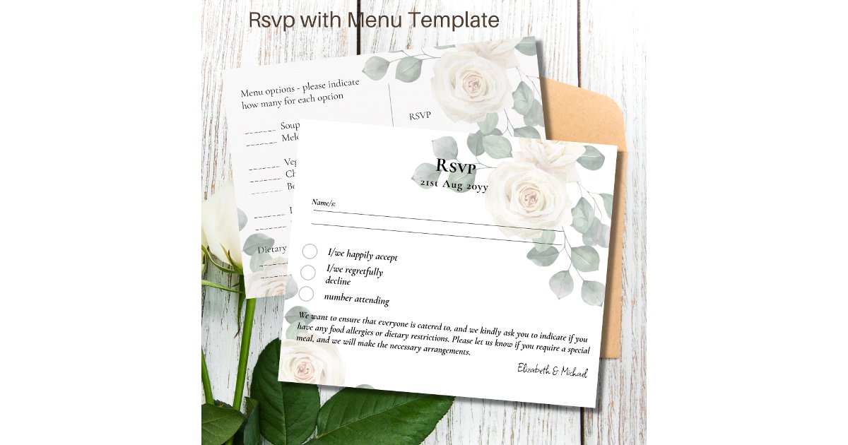 RSVP with Menu Template White Roses | Zazzle
