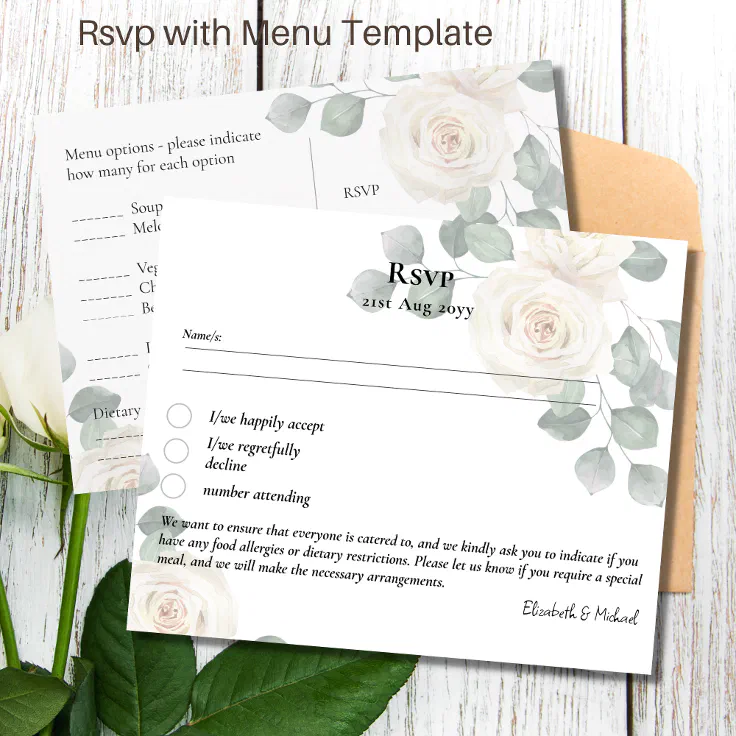 RSVP with Menu Template White Roses | Zazzle
