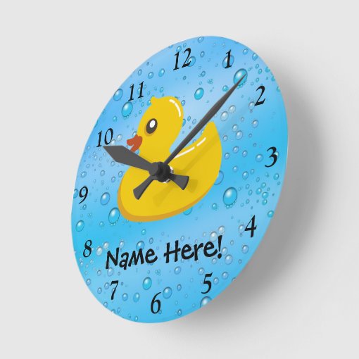 Rubber Duck Blue Bubbles Personalized Kids Round Clock | Zazzle