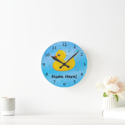 Rubber Duck Blue Bubbles Personalized Kids Round Clock | Zazzle