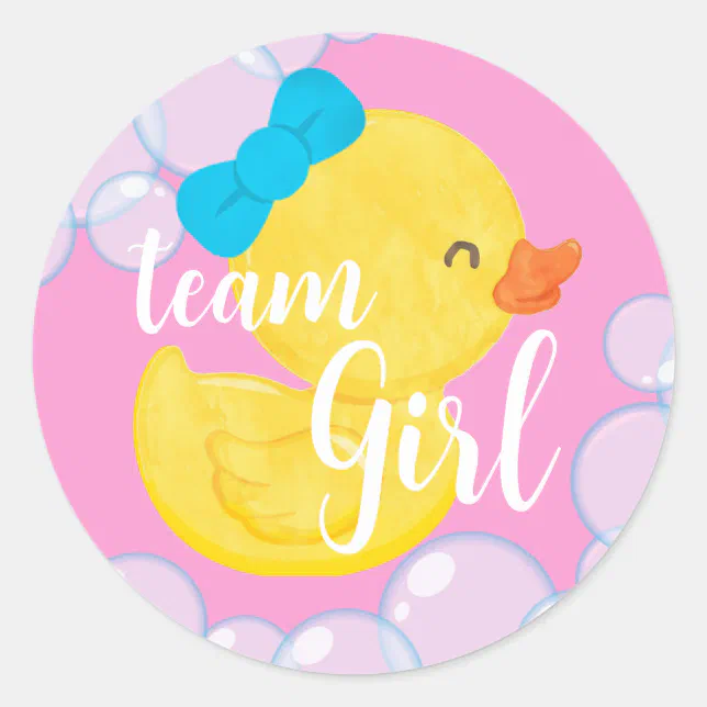 Rubber Duck Gender Reveal Team Girl Round Stickers | Zazzle