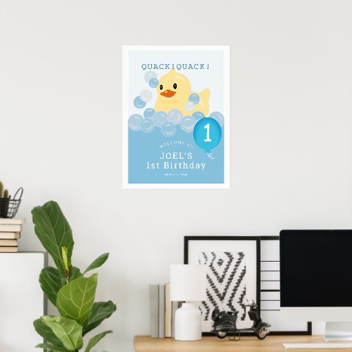 Rubber Ducky Blue Boy 1st Birthday Welcome Poster | Zazzle