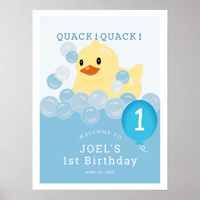 Rubber Ducky Blue Boy 1st Birthday Welcome Poster | Zazzle