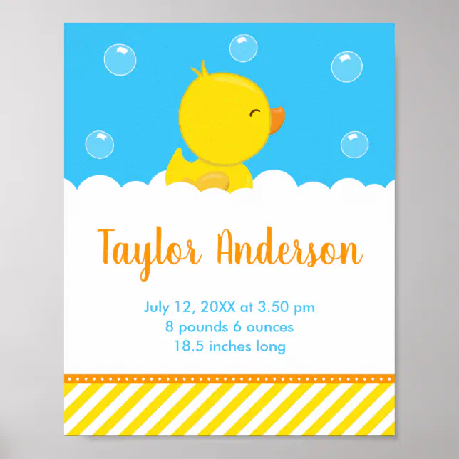 Rubber Ducky Yellow and Blue Birth Statistics Poster | Zazzle