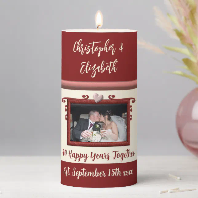 Ruby 40th anniversary burgundy cream add photo pillar candle | Zazzle