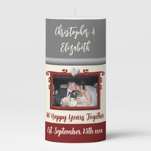 Ruby 40th anniversary grey cream add photo pillar candle | Zazzle