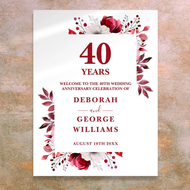 Ruby 40th Elegant Wedding Anniversary Welcome Sign | Zazzle