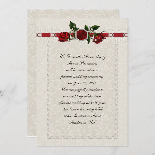 Ruby and Red Roses Ribbon Post Wedding Invitation | Zazzle