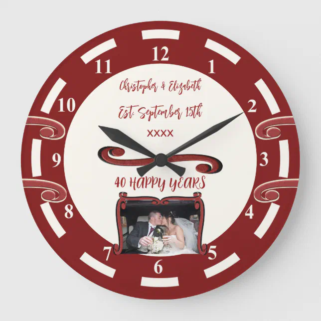 Ruby Anniversary 40 years add names photo red Large Clock | Zazzle