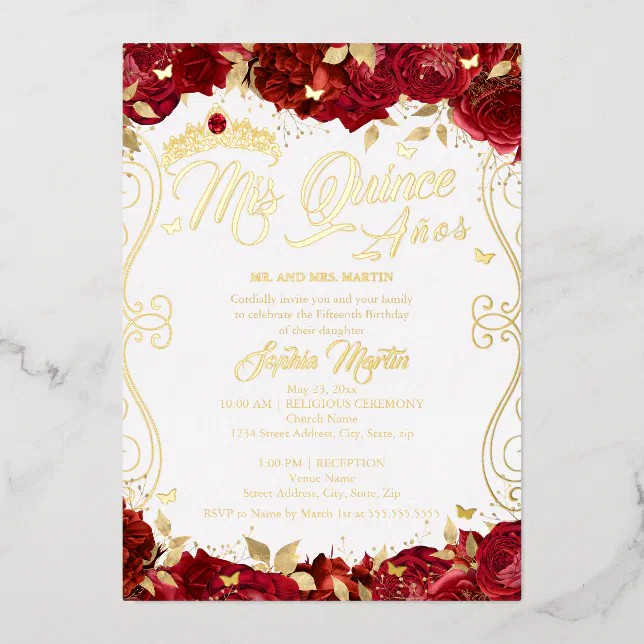 Ruby Floral Garden Scroll Mis Quince Quinceanera Foil Invitation | Zazzle