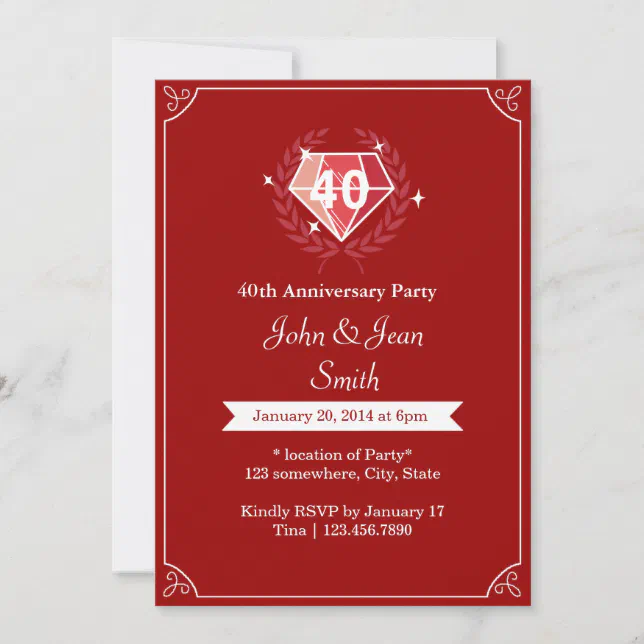Ruby Gems 40th Wedding Anniversary Party Invites | Zazzle