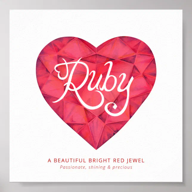 Ruby name meaning watercolor heart red gem poster | Zazzle