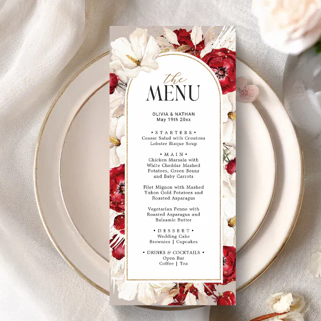 Ruby red and white floral wedding Wedding Dinner Menu | Zazzle
