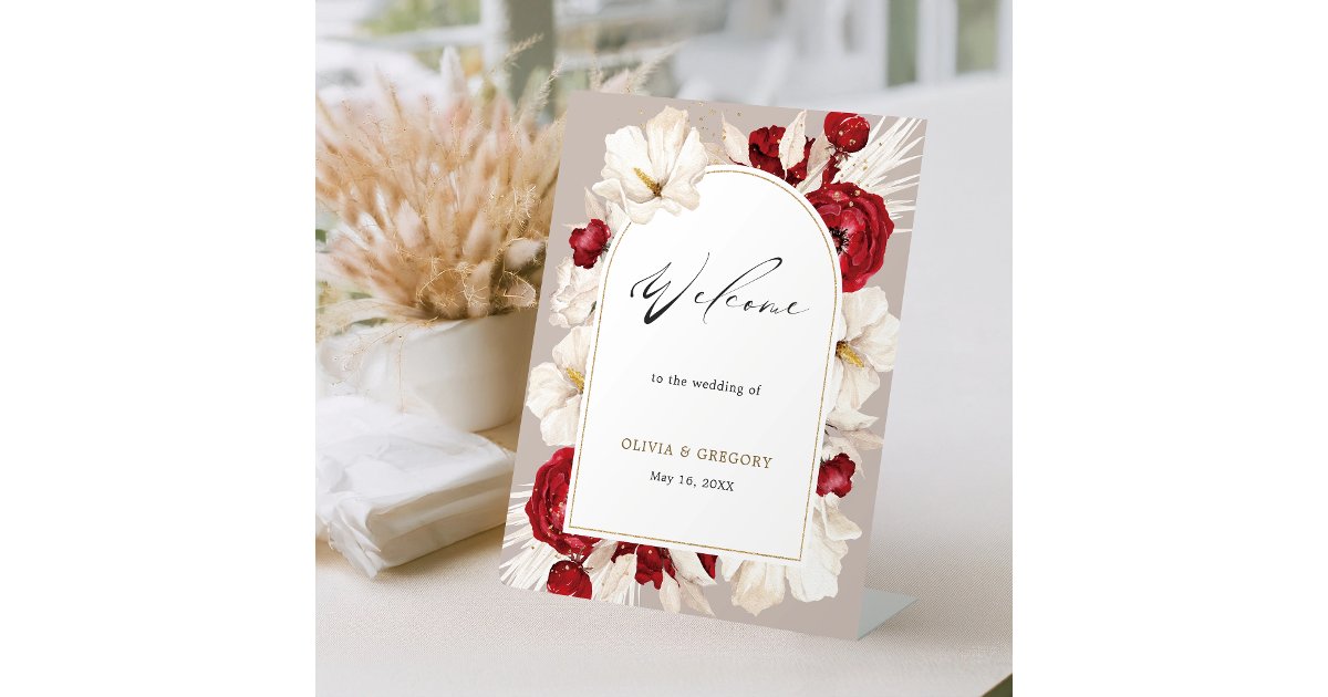 Ruby red and white floral wedding Welcome Pedestal Sign | Zazzle