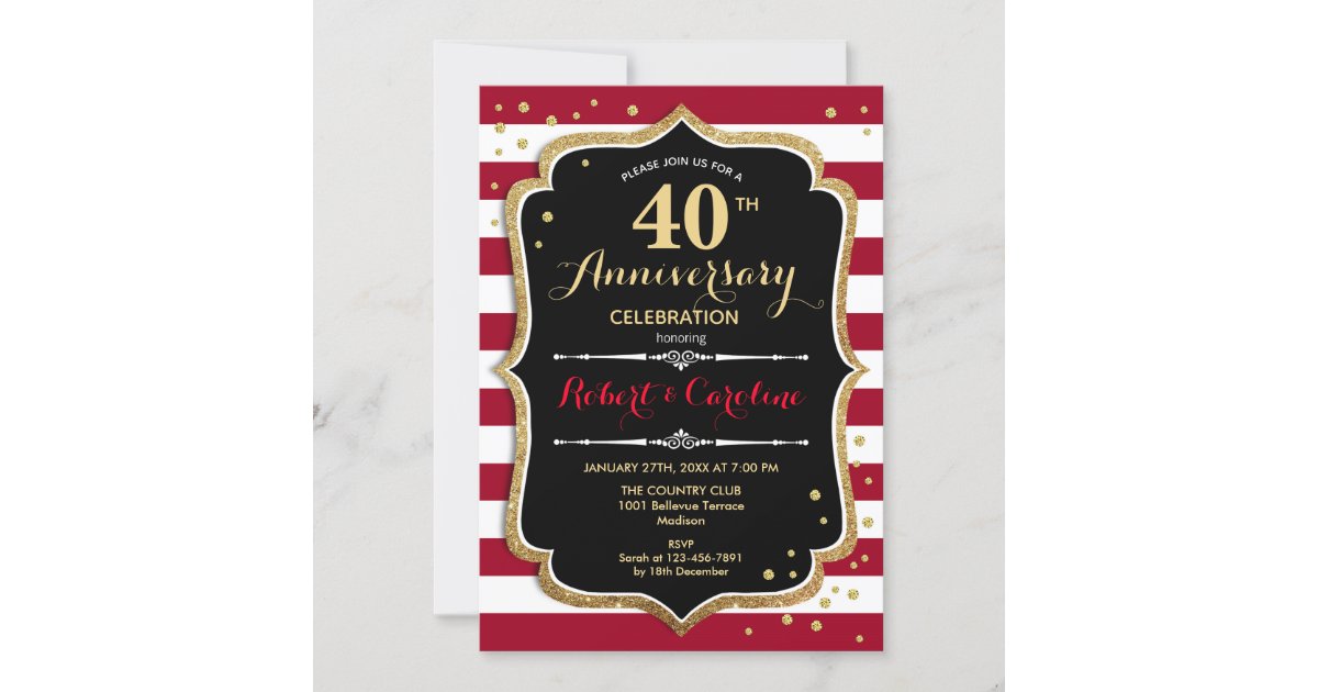 Ruby Red Black Gold 40th Anniversary Invitation | Zazzle