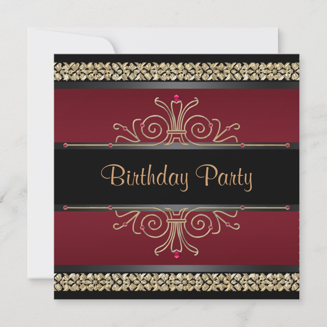 Ruby Red Black Gold Womans Birthday Party Invitation | Zazzle