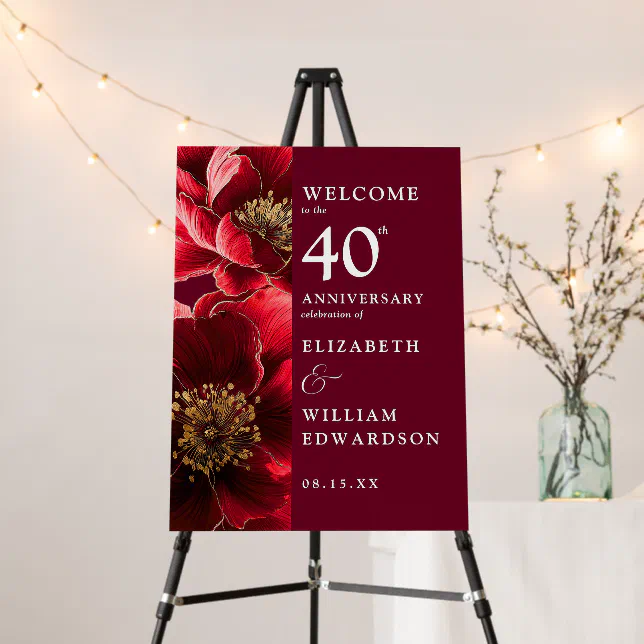 Ruby Red Chic Floral 40th Anniversary Welcome Sign | Zazzle