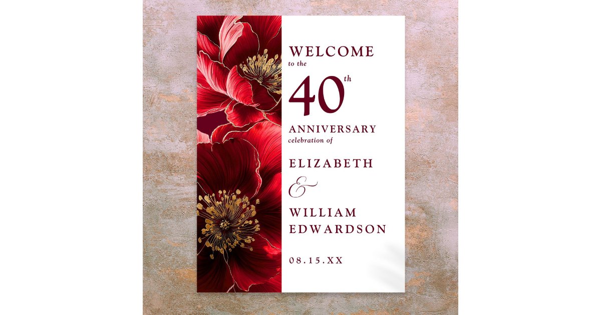 Ruby Red Chic Floral 40th Anniversary Welcome Sign | Zazzle