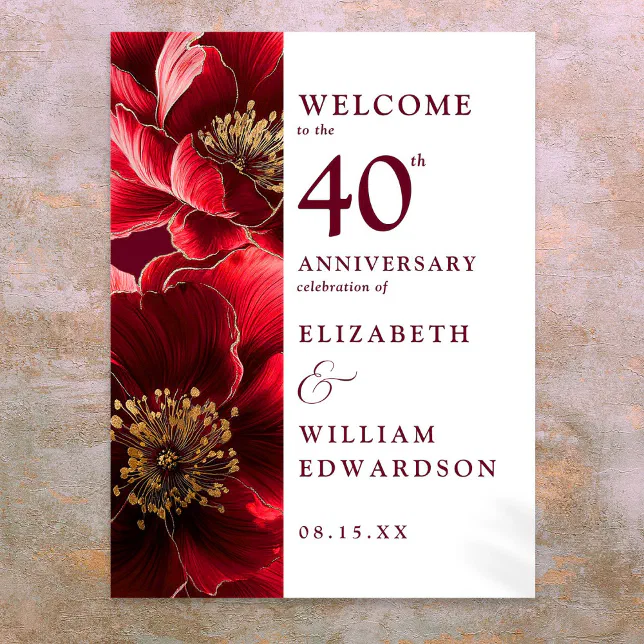 Ruby Red Chic Floral 40th Anniversary Welcome Sign | Zazzle