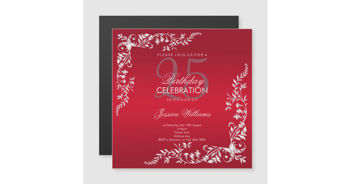 Ruby Red Decoration 25th Birthday Magnetic Invitation | Zazzle