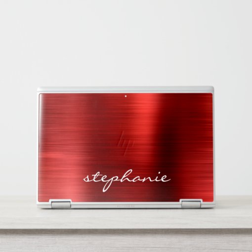 Ruby Red Faux Brushed Metal Personalized HP Laptop Skin | Zazzle
