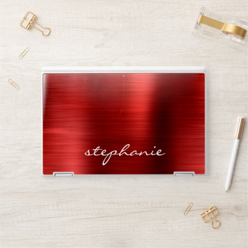 Ruby Red Faux Brushed Metal Personalized HP Laptop Skin | Zazzle