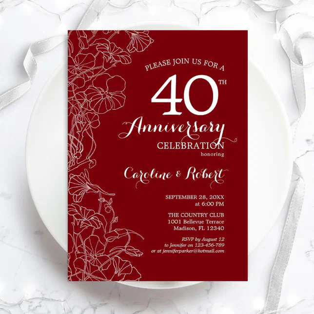 Ruby Red Floral 40th Anniversary Invitation | Zazzle