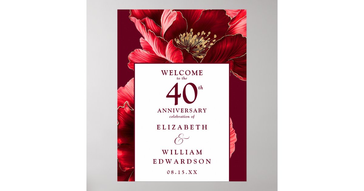 Ruby Red Floral 40th Anniversary Welcome Sign | Zazzle