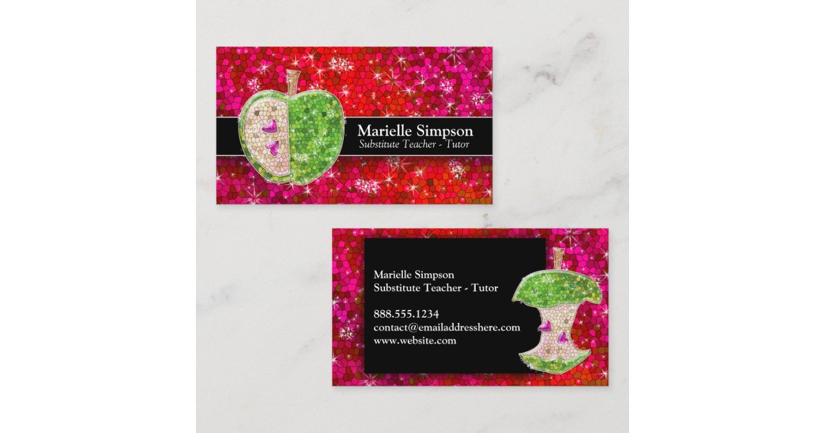 Ruby Red Glitter Apple Substitute Teacher Tutor Business Card | Zazzle