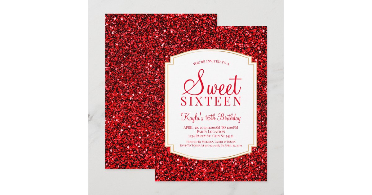 Ruby Red Glitter Sweet 16 Invitations | Zazzle