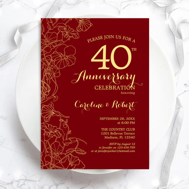 Ruby Red Gold Floral 40th Anniversary Invitation | Zazzle